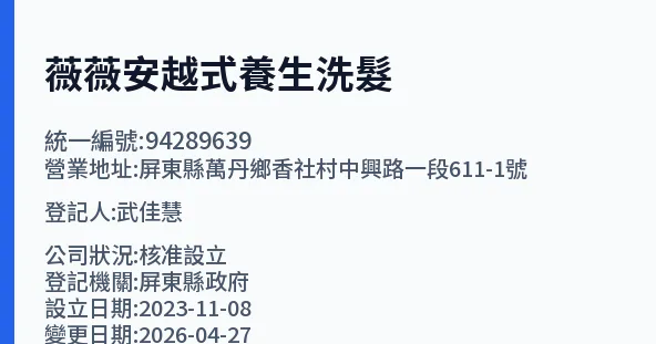 薇薇安越式養生洗髮的照片-統編 94289639(屏東縣) 公司登記資料與營業項目詳細圖表
