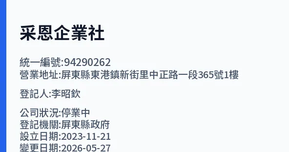 采恩企業社的照片-統編 94290262(屏東縣) 公司登記資料與營業項目詳細圖表