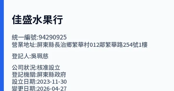 佳盛水果行的照片-統編 94290925(屏東縣) 公司登記資料與營業項目詳細圖表
