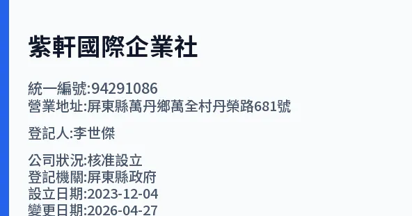紫軒國際企業社的照片-統編 94291086(屏東縣) 公司登記資料與營業項目詳細圖表