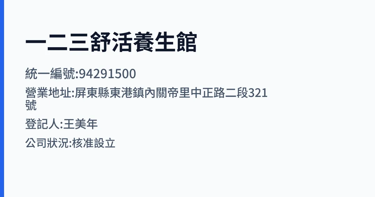 一二三舒活養生館 - 統編 94291500(屏東縣) 公司登記資料與營業項目詳細圖表