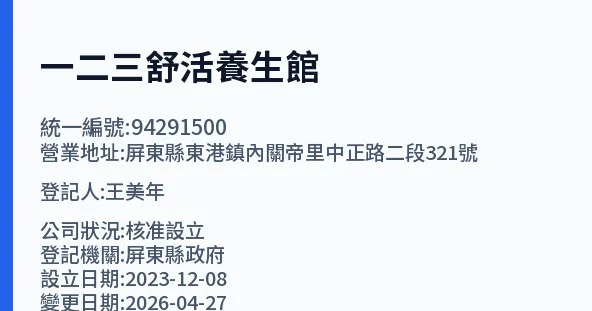 一二三舒活養生館的照片-統編 94291500(屏東縣) 公司登記資料與營業項目詳細圖表