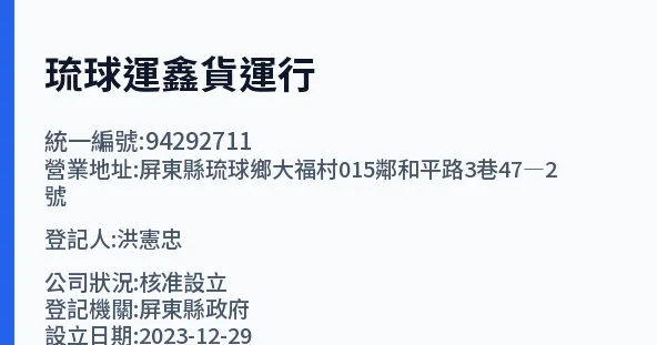 琉球運鑫貨運行的照片-統編 94292711(屏東縣) 公司登記資料與營業項目詳細圖表