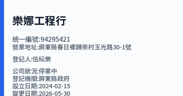 樂娜工程行的照片-統編 94295421(屏東縣) 公司登記資料與營業項目詳細圖表
