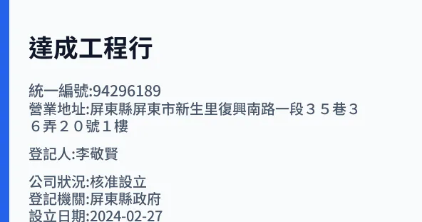 達成工程行的照片-統編 94296189(屏東縣) 公司登記資料與營業項目詳細圖表