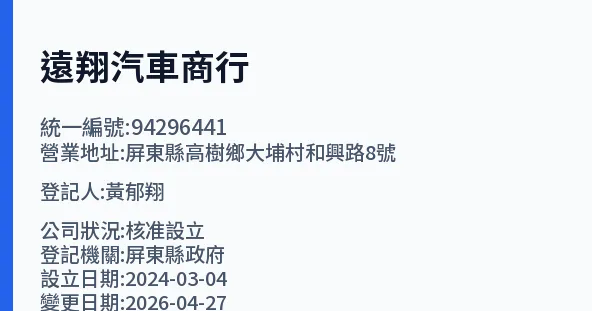 遠翔汽車商行的照片-統編 94296441(屏東縣) 公司登記資料與營業項目詳細圖表