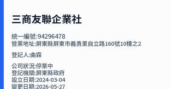 三商友聯企業社的照片-統編 94296478(屏東縣) 公司登記資料與營業項目詳細圖表