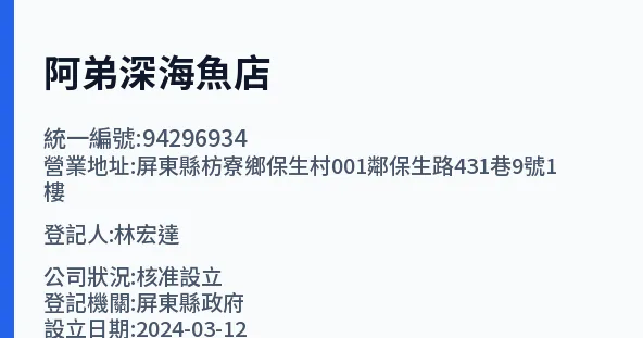 阿弟深海魚店的照片-統編 94296934(屏東縣) 公司登記資料與營業項目詳細圖表