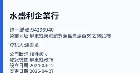 水盛利企業行的照片-統編 94296940(屏東縣) 公司登記資料與營業項目詳細圖表