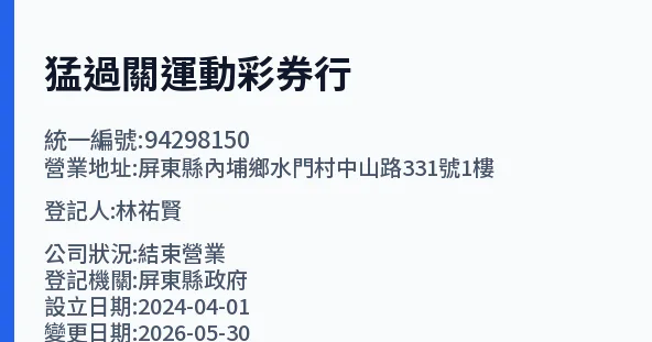 猛過關運動彩券行的照片-統編 94298150(屏東縣) 公司登記資料與營業項目詳細圖表
