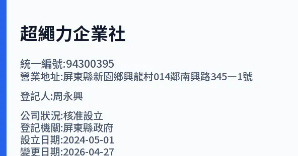 超繩力企業社的照片-統編 94300395(屏東縣) 公司登記資料與營業項目詳細圖表