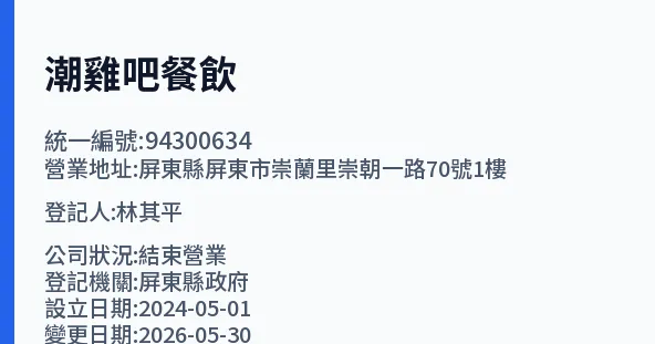 潮雞吧餐飲的照片-統編 94300634(屏東縣) 公司登記資料與營業項目詳細圖表