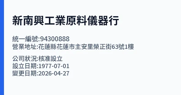 新南興工業原料儀器行的照片-統編 94300888(花蓮縣) 公司登記資料與營業項目詳細圖表