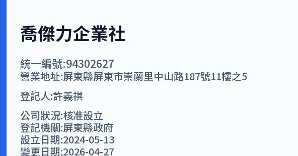 喬傑力企業社的照片-統編 94302627(屏東縣) 公司登記資料與營業項目詳細圖表