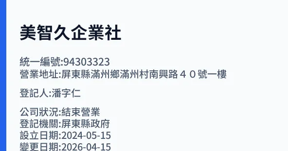 美智久企業社的照片-統編 94303323(屏東縣) 公司登記資料與營業項目詳細圖表
