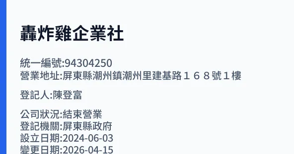 轟炸雞企業社的照片-統編 94304250(屏東縣) 公司登記資料與營業項目詳細圖表