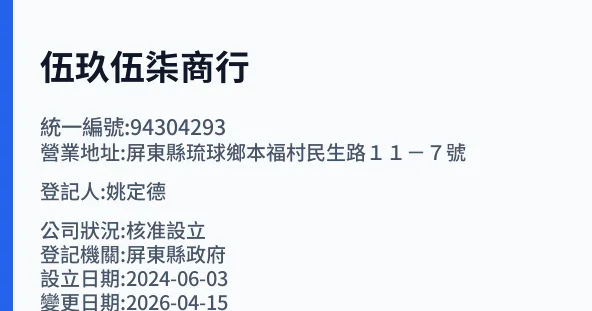 伍玖伍柒商行的照片-統編 94304293(屏東縣) 公司登記資料與營業項目詳細圖表