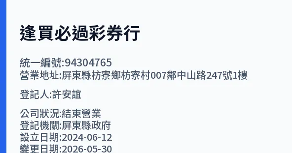 逢買必過彩券行的照片-統編 94304765(屏東縣) 公司登記資料與營業項目詳細圖表