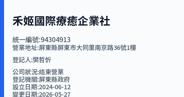 禾姬國際療癒企業社的照片-統編 94304913(屏東縣) 公司登記資料與營業項目詳細圖表