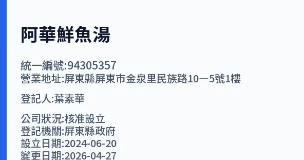 阿華鮮魚湯的照片-統編 94305357(屏東縣) 公司登記資料與營業項目詳細圖表