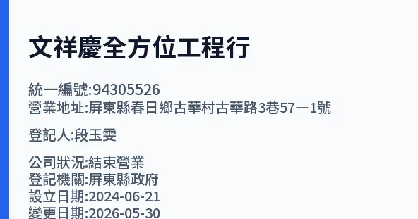 文祥慶全方位工程行的照片-統編 94305526(屏東縣) 公司登記資料與營業項目詳細圖表