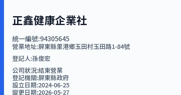 正鑫健康企業社的照片-統編 94305645(屏東縣) 公司登記資料與營業項目詳細圖表
