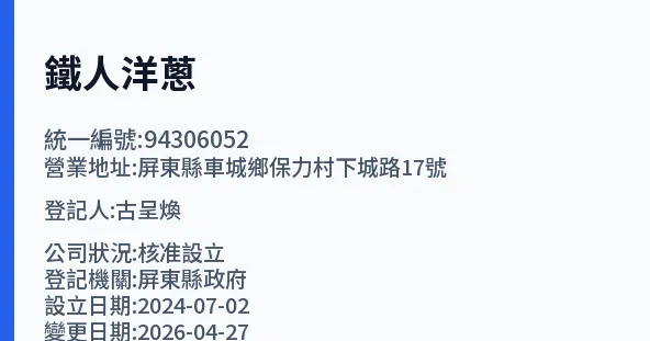 鐵人洋蔥的照片-統編 94306052(屏東縣) 公司登記資料與營業項目詳細圖表