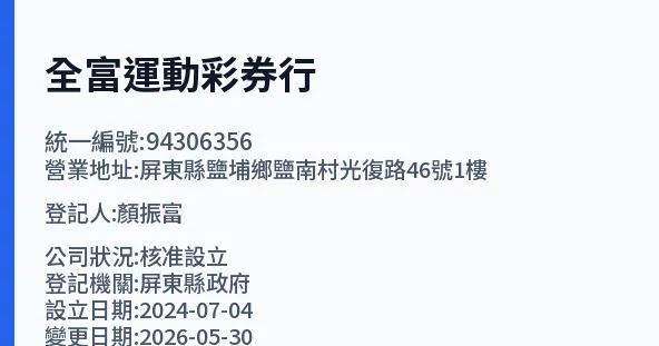 全富運動彩券行的照片-統編 94306356(屏東縣) 公司登記資料與營業項目詳細圖表