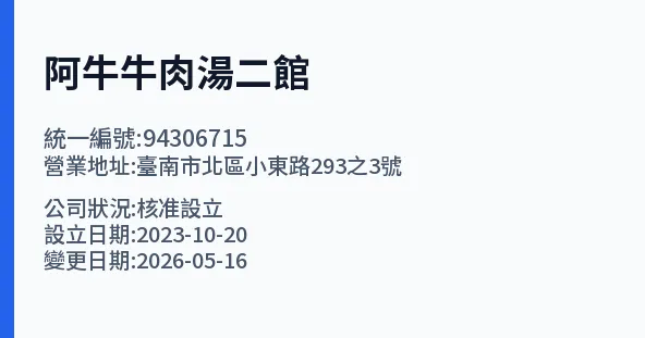 阿牛牛肉湯二館的照片-統編 94306715(臺南市) 公司登記資料與營業項目詳細圖表