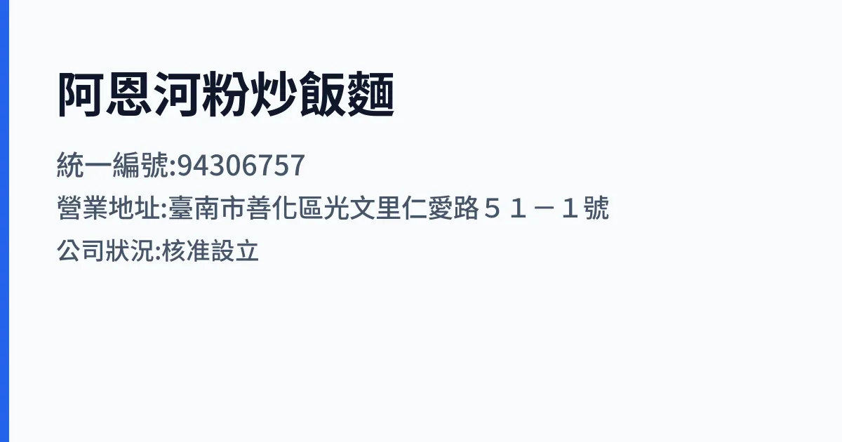 阿恩河粉炒飯麵 - 統編 94306757(臺南市) 公司登記資料與營業項目詳細圖表