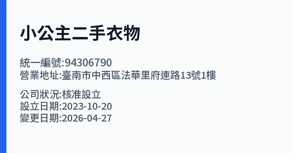 小公主二手衣物的照片-統編 94306790(臺南市) 公司登記資料與營業項目詳細圖表