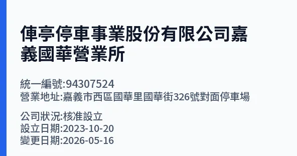 俥亭停車事業股份有限公司嘉義國華營業所的照片-統編 94307524(嘉義市) 公司登記資料與營業項目詳細圖表
