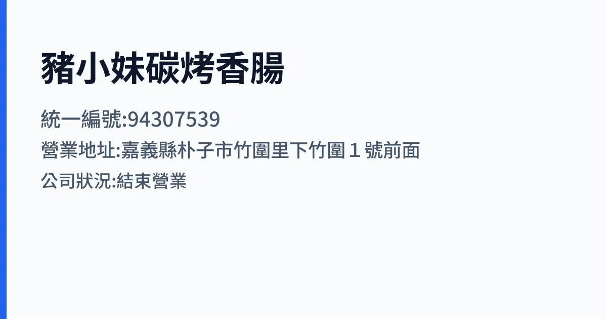 豬小妹碳烤香腸 - 統編 94307539(嘉義縣) 公司登記資料與營業項目詳細圖表