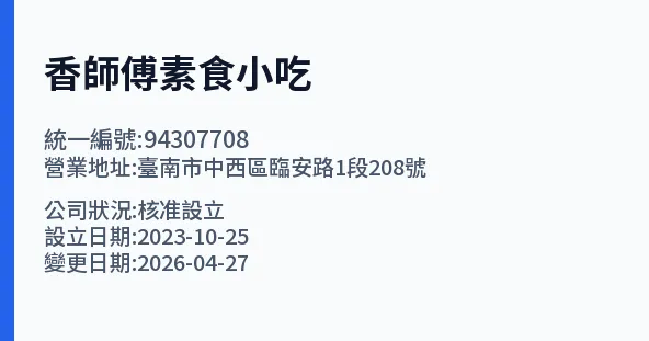 香師傅素食小吃的照片-統編 94307708(臺南市) 公司登記資料與營業項目詳細圖表