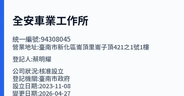 全安車業工作所的照片-統編 94308045(臺南市) 公司登記資料與營業項目詳細圖表