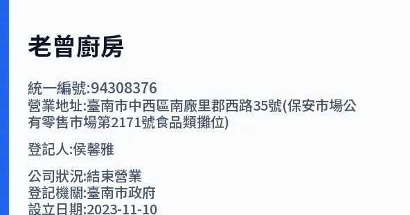 老曾廚房的照片-統編 94308376(臺南市) 公司登記資料與營業項目詳細圖表