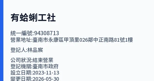 有蛤蜊工社的照片-統編 94308713(臺南市) 公司登記資料與營業項目詳細圖表