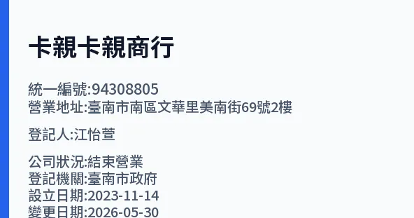 卡親卡親商行的照片-統編 94308805(臺南市) 公司登記資料與營業項目詳細圖表