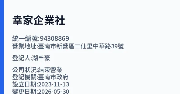 幸家企業社的照片-統編 94308869(臺南市) 公司登記資料與營業項目詳細圖表