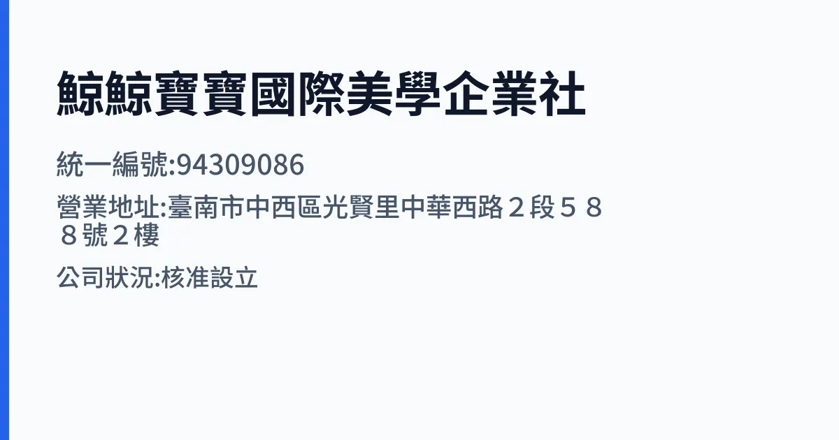 鯨鯨寶寶國際美學企業社 - 統編 94309086(臺南市) 公司登記資料與營業項目詳細圖表