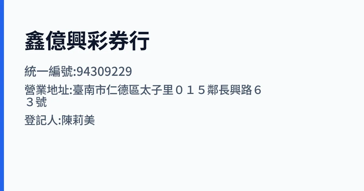 鑫億興彩券行 - 統編 94309229(臺南市) 公司登記資料與營業項目詳細圖表