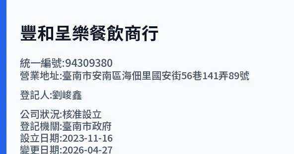豐和呈樂餐飲商行的照片-統編 94309380(臺南市) 公司登記資料與營業項目詳細圖表