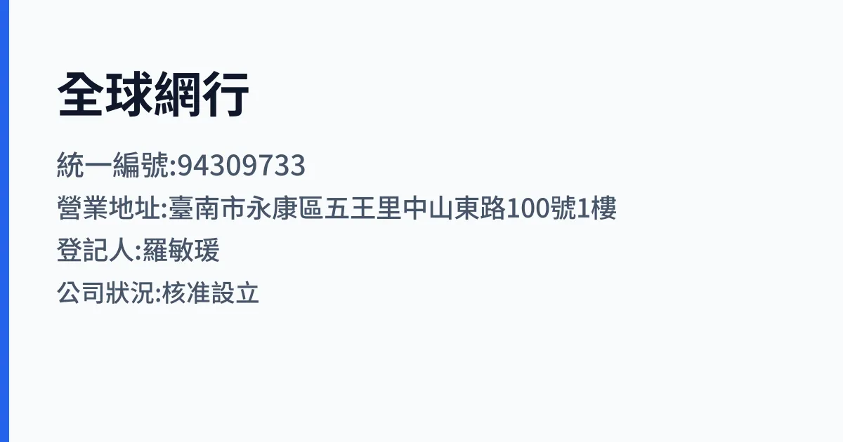 全球網行 - 統編 94309733(臺南市) 公司登記資料與營業項目詳細圖表