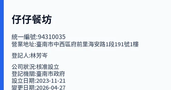 仔仔餐坊的照片-統編 94310035(臺南市) 公司登記資料與營業項目詳細圖表