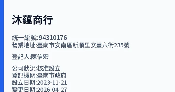 沐蘊商行的照片-統編 94310176(臺南市) 公司登記資料與營業項目詳細圖表