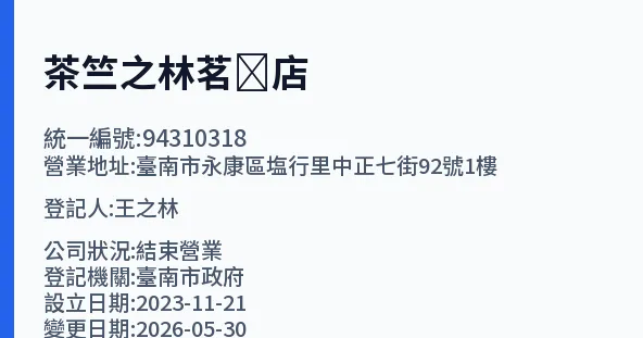 茶竺之林茗飮店的照片-統編 94310318(臺南市) 公司登記資料與營業項目詳細圖表