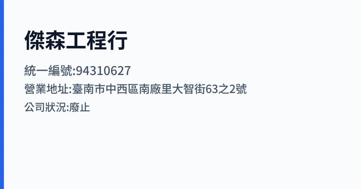 傑森工程行 - 統編 94310627(臺南市) 公司登記資料與營業項目詳細圖表
