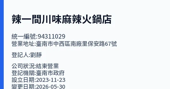 辣一間川味麻辣火鍋店的照片-統編 94311029(臺南市) 公司登記資料與營業項目詳細圖表