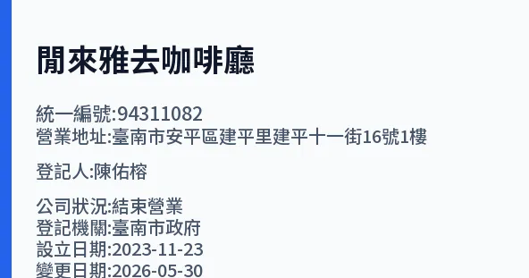 閒來雅去咖啡廳的照片-統編 94311082(臺南市) 公司登記資料與營業項目詳細圖表