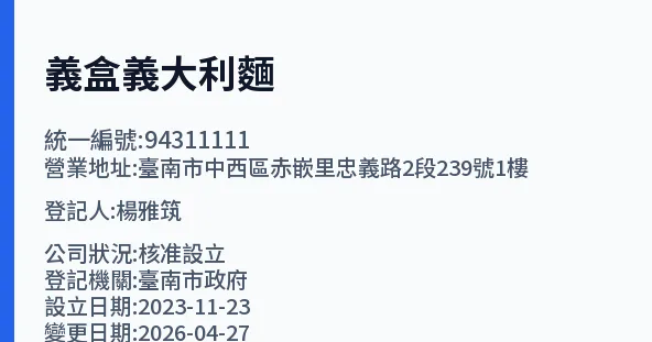 義盒義大利麵的照片-統編 94311111(臺南市) 公司登記資料與營業項目詳細圖表